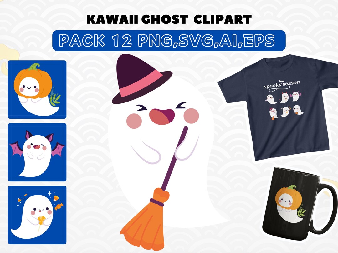 Kawaii Ghost PNG, 12 Original Halloween Designs, SVG, EPS Halloween ...