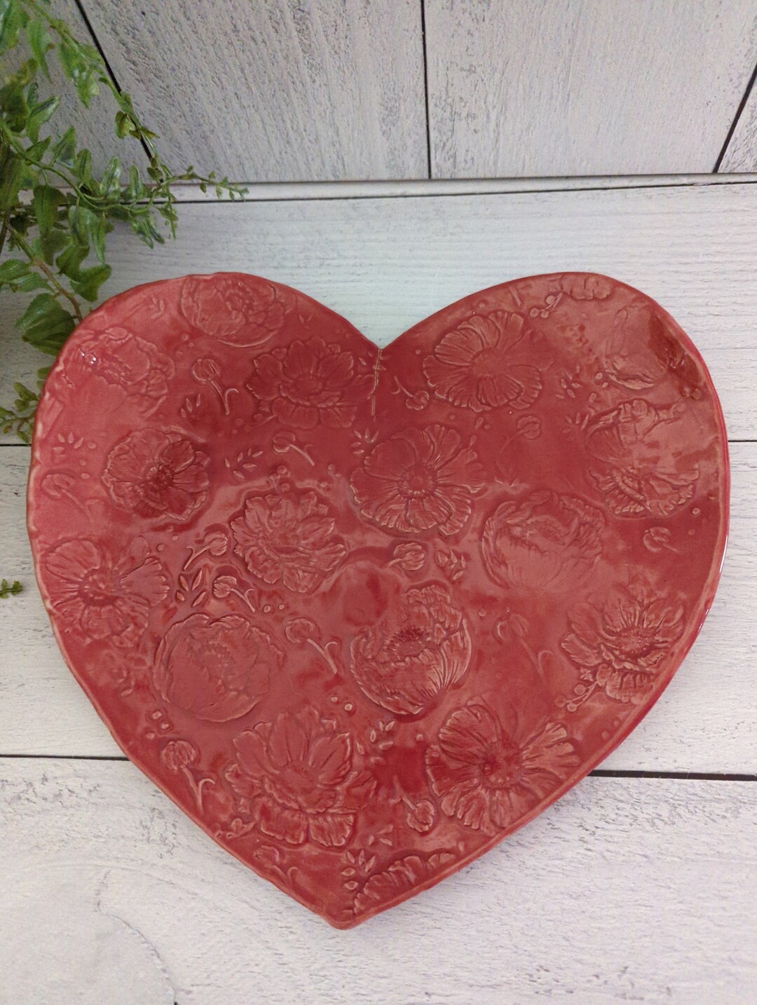 Romantic Red Ceramic Heart Shaped Platter Floral Design for Valentines ...