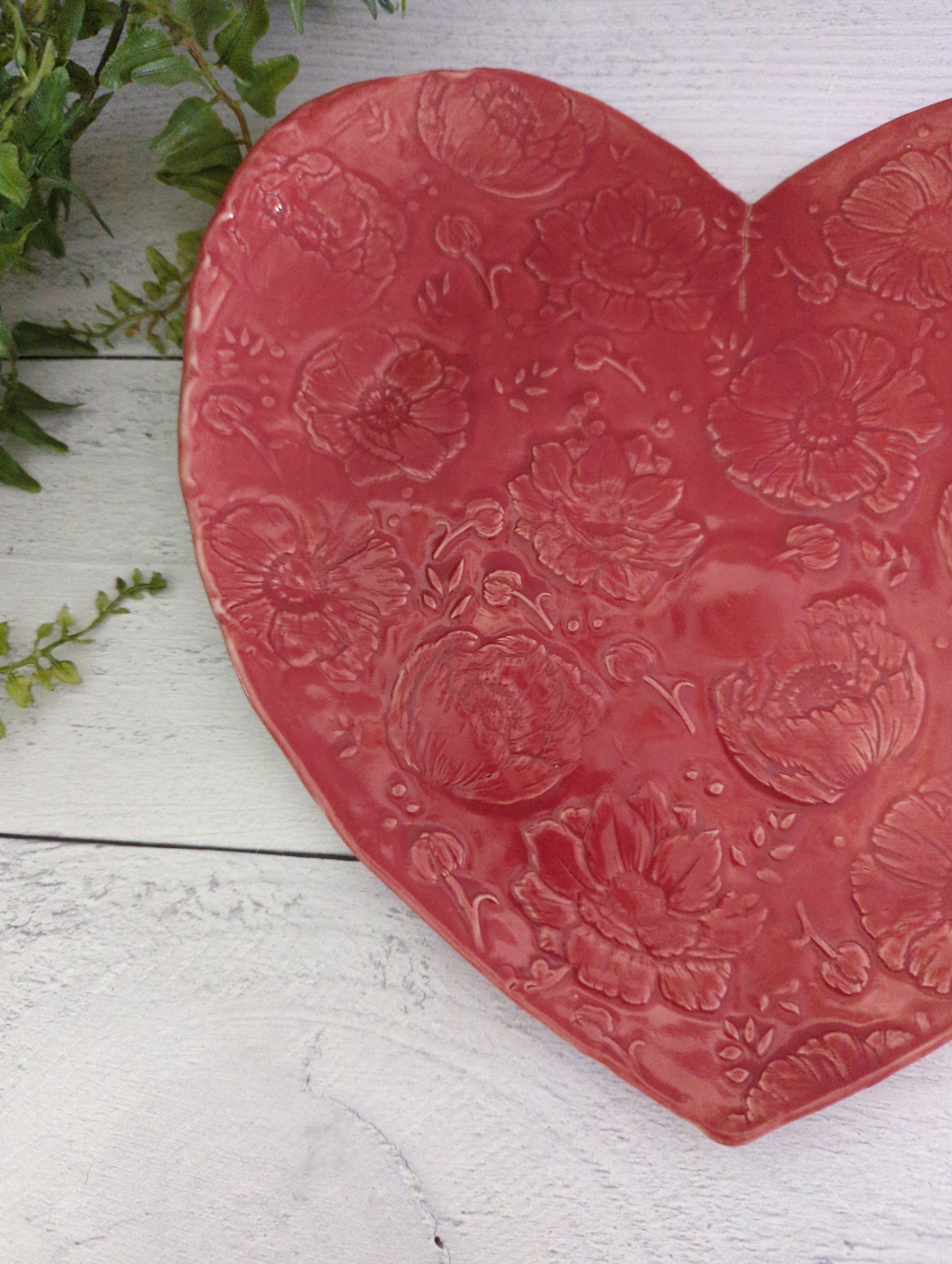 Romantic Red Ceramic Heart Shaped Platter Floral Design for Valentines ...