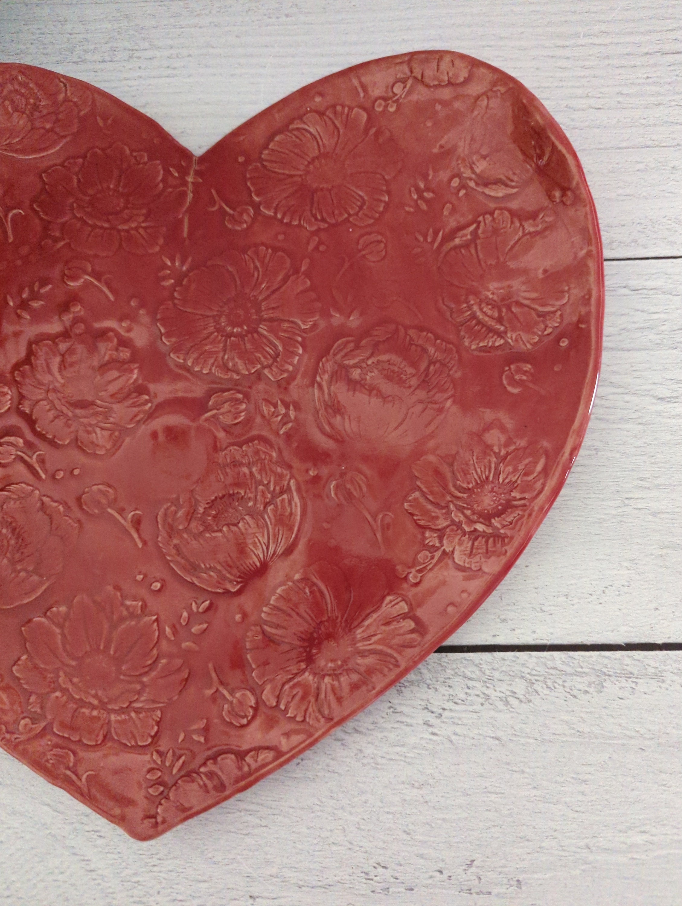 Romantic Red Ceramic Heart Shaped Platter Floral Design for Valentines ...