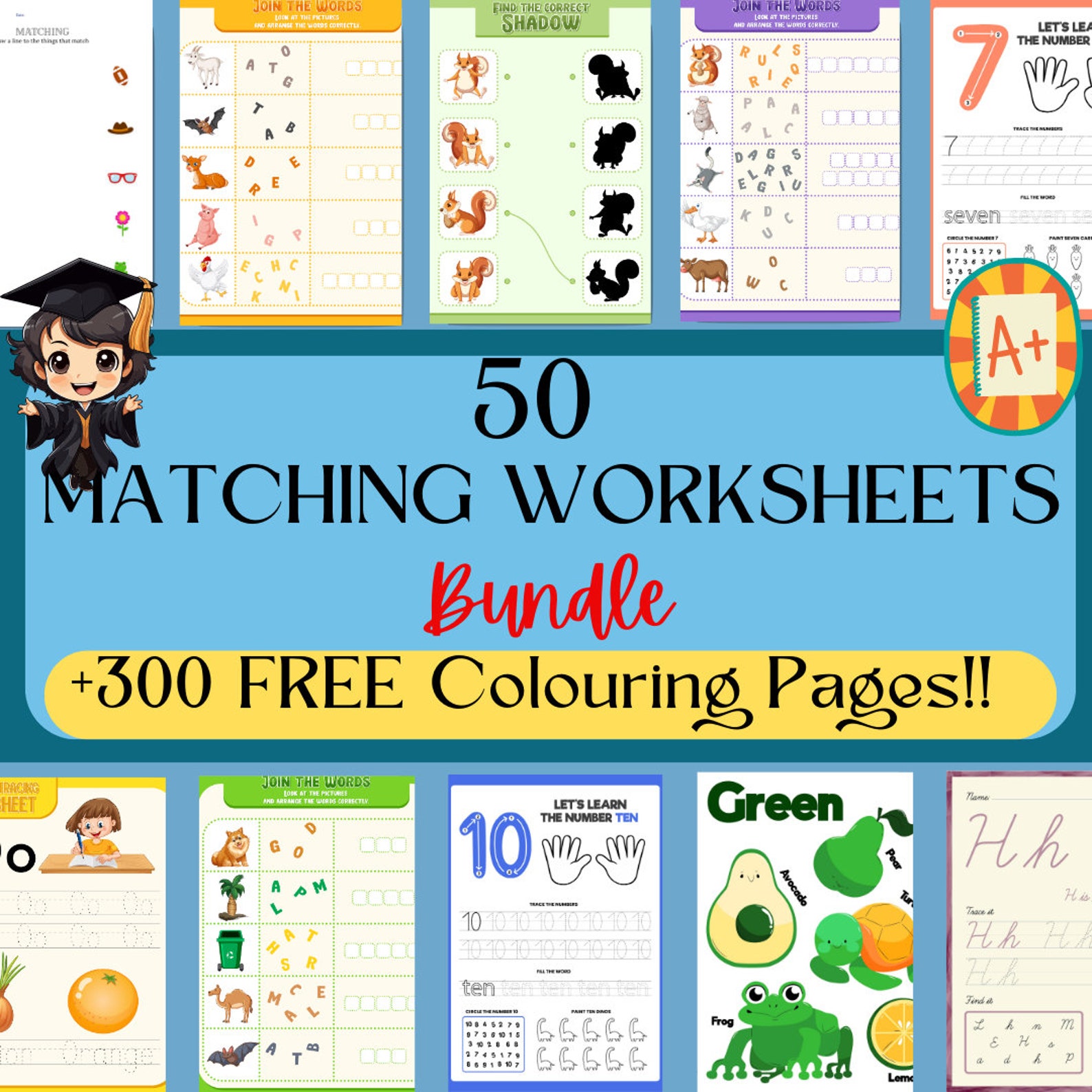 50 Printable Matching Worksheets, Match the Picture, Kindergarten ...