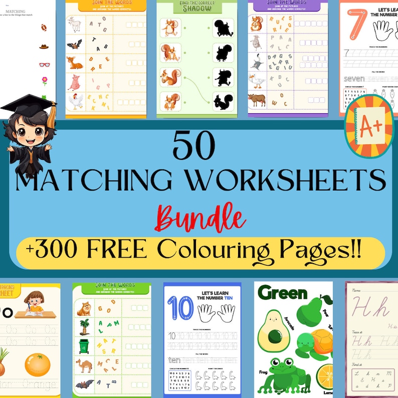 50 Printable Matching Worksheets, Match the Picture, Kindergarten ...