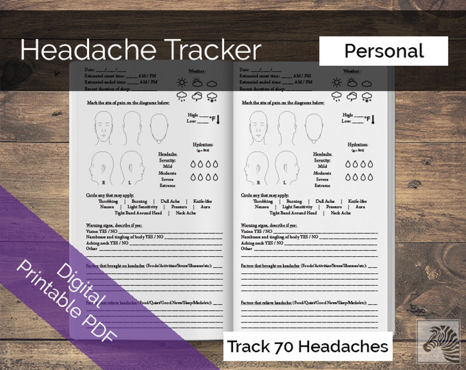 Personal PRINTABLE Digital PDF Headache or Migraine Tracker TN Insert ...
