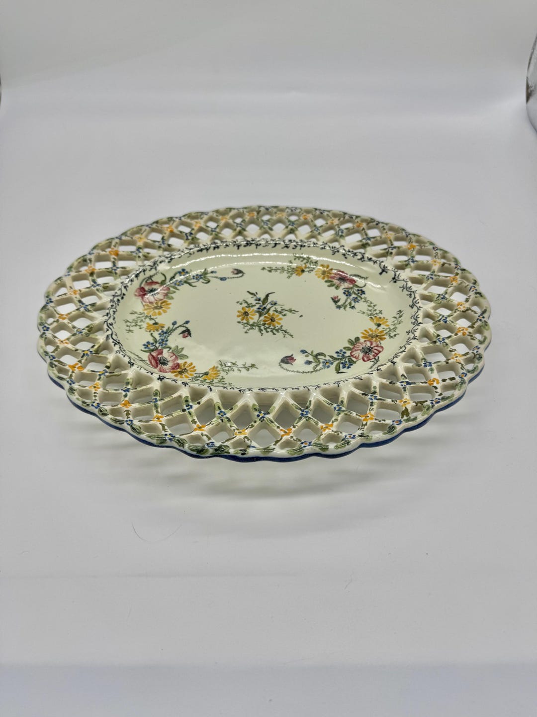 Vintage Reticulated Hand Painted Floral Ceramic Oval Platter Made FCA ...