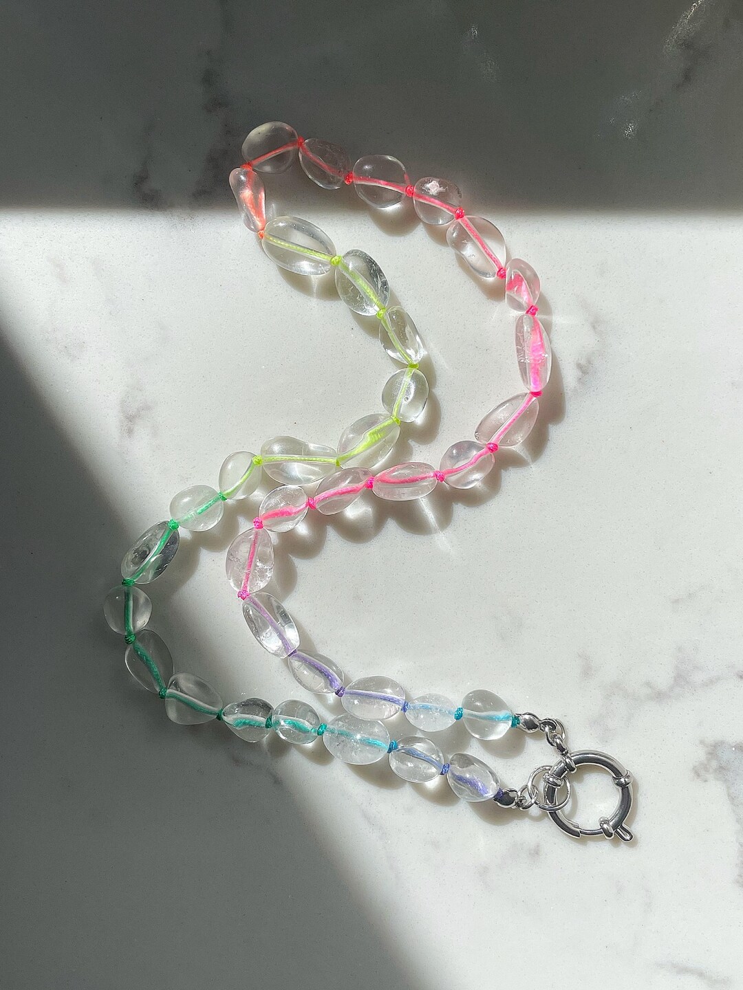 Clear Quartz Gemstone & Neon Thread Hand Knotted Beaded Necklace - Etsy