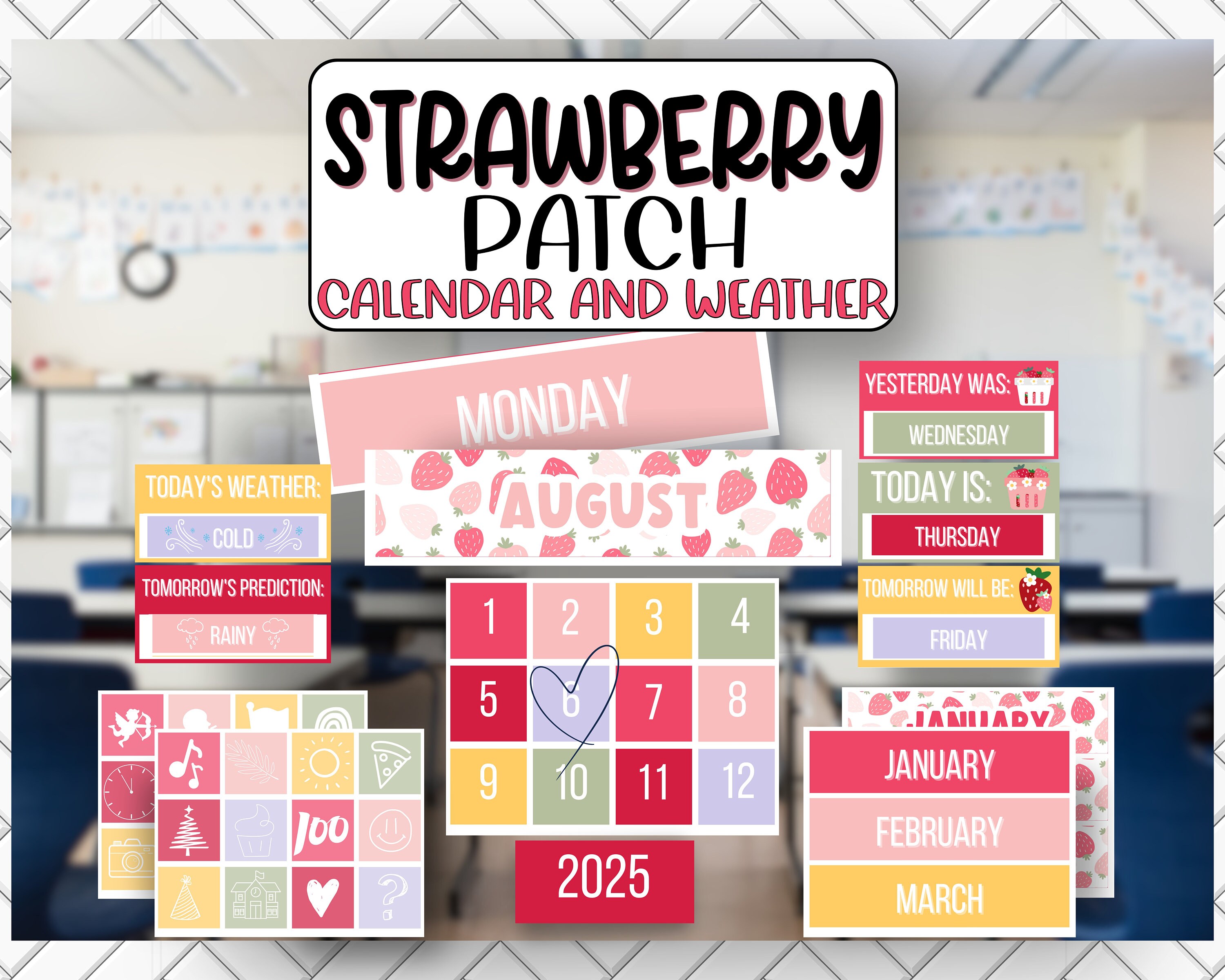 Calendar and Weather Display Pastel Strawberry Classroom Decor ...