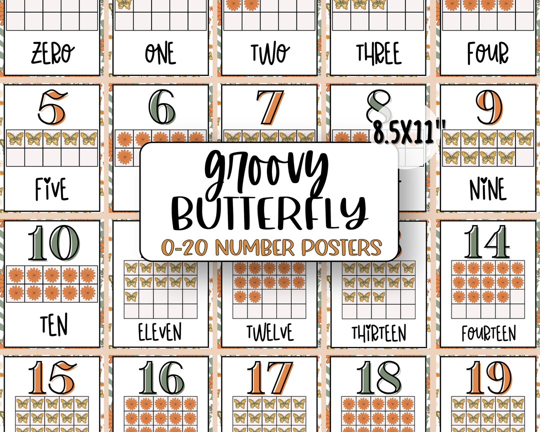 0-20 Number Chart Groovy Butterfly Classroom Decor Posters. Butterfly ...