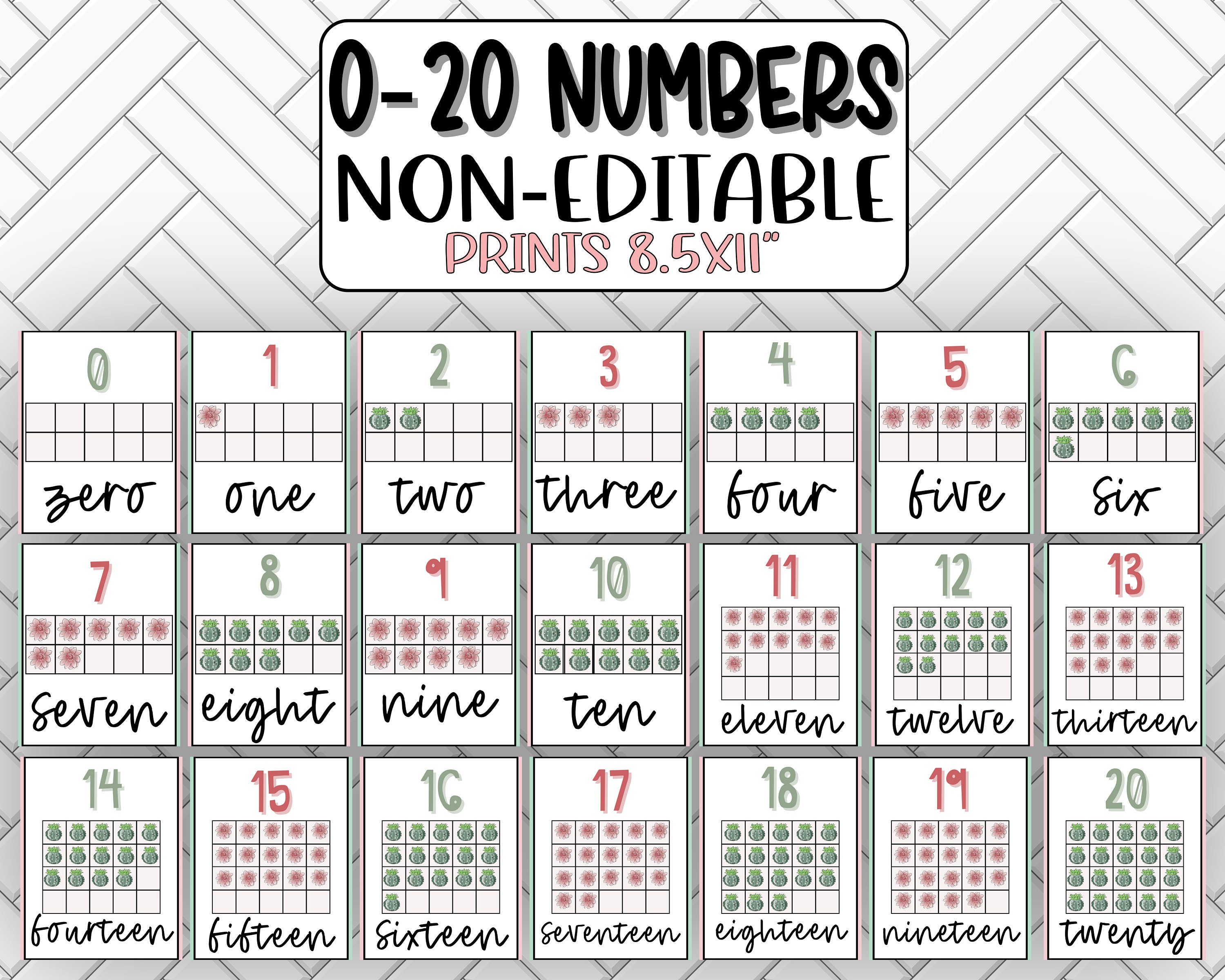 0-20 Number Chart Pink Cactus Classroom Decor Posters. Succulent ...