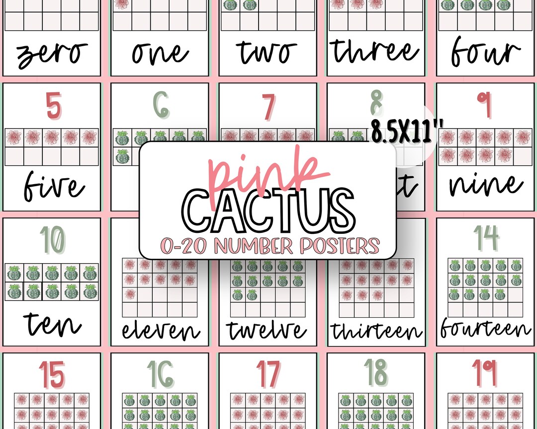 0-20 Number Chart Pink Cactus Classroom Decor Posters. Succulent ...