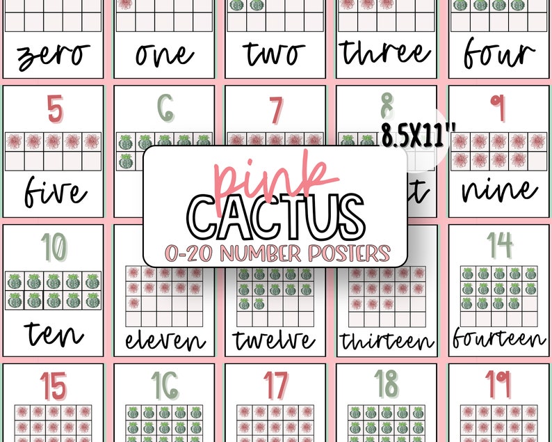 0-20 Number Chart Pink Cactus Classroom Decor Posters. Succulent ...
