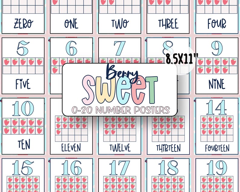 0-20 Number Chart Pastel Strawberry Classroom Decor Posters. Strawberry ...