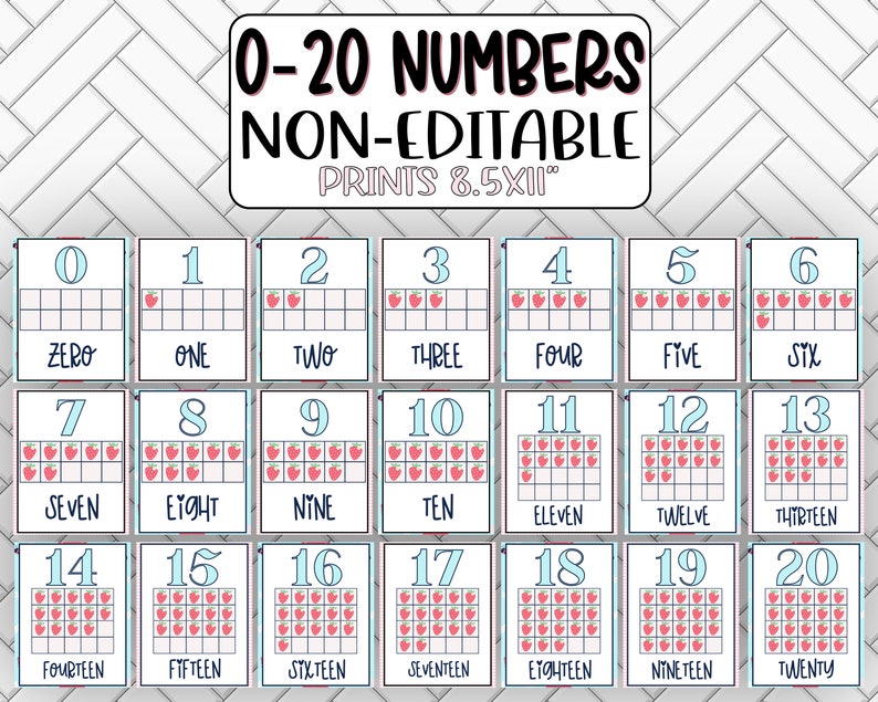 0-20 Number Chart Pastel Strawberry Classroom Decor Posters. Strawberry ...