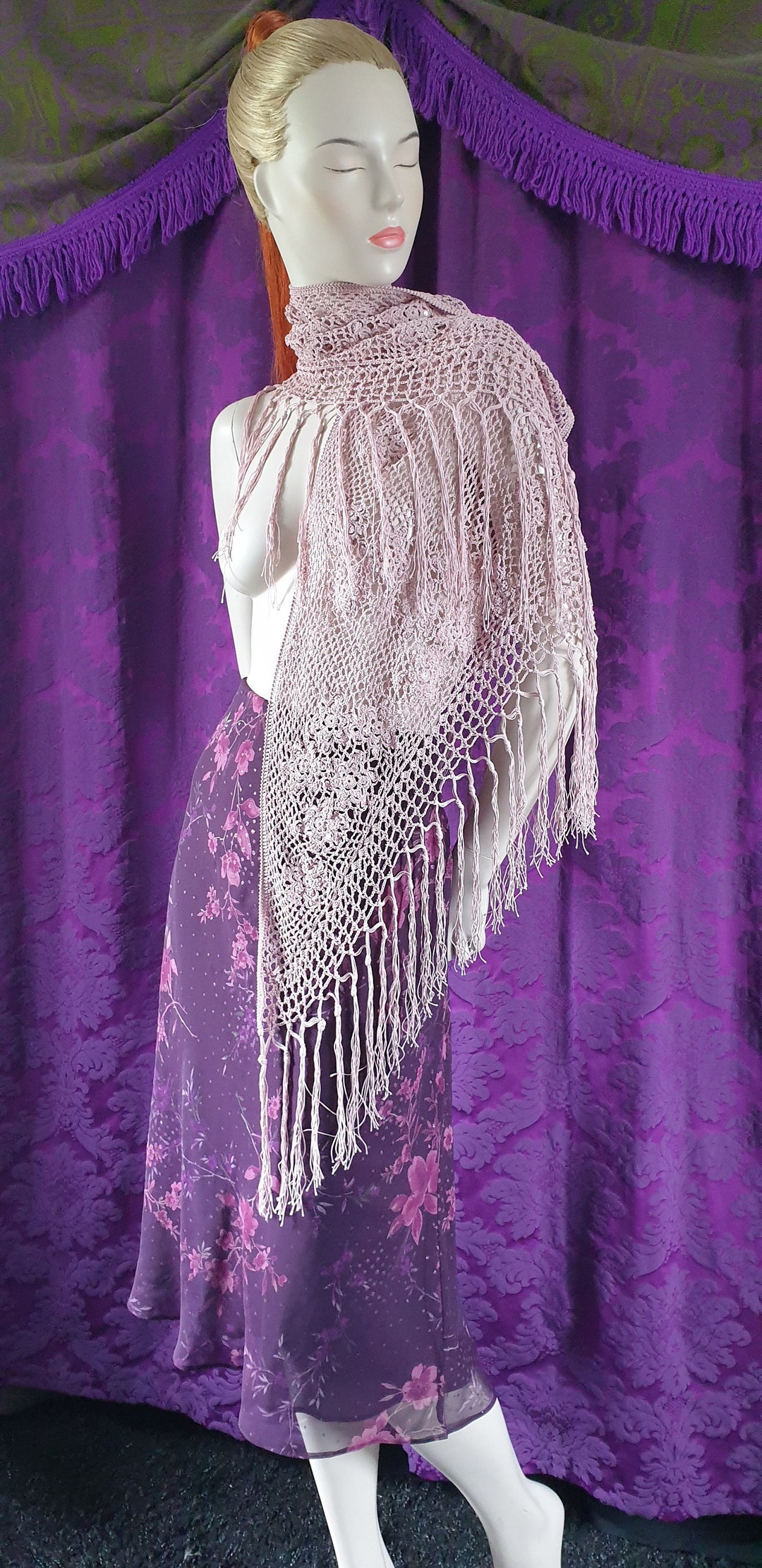 Powder Pink Crocheted and Fringed Y2K Shawl With Clear Sequins - Etsy