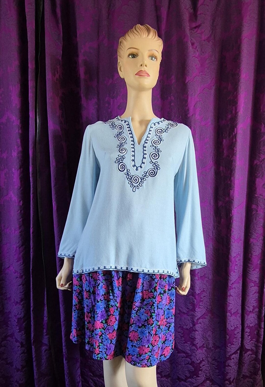 Vintage Pale Blue Boho Embroidered Tunic Top - Etsy