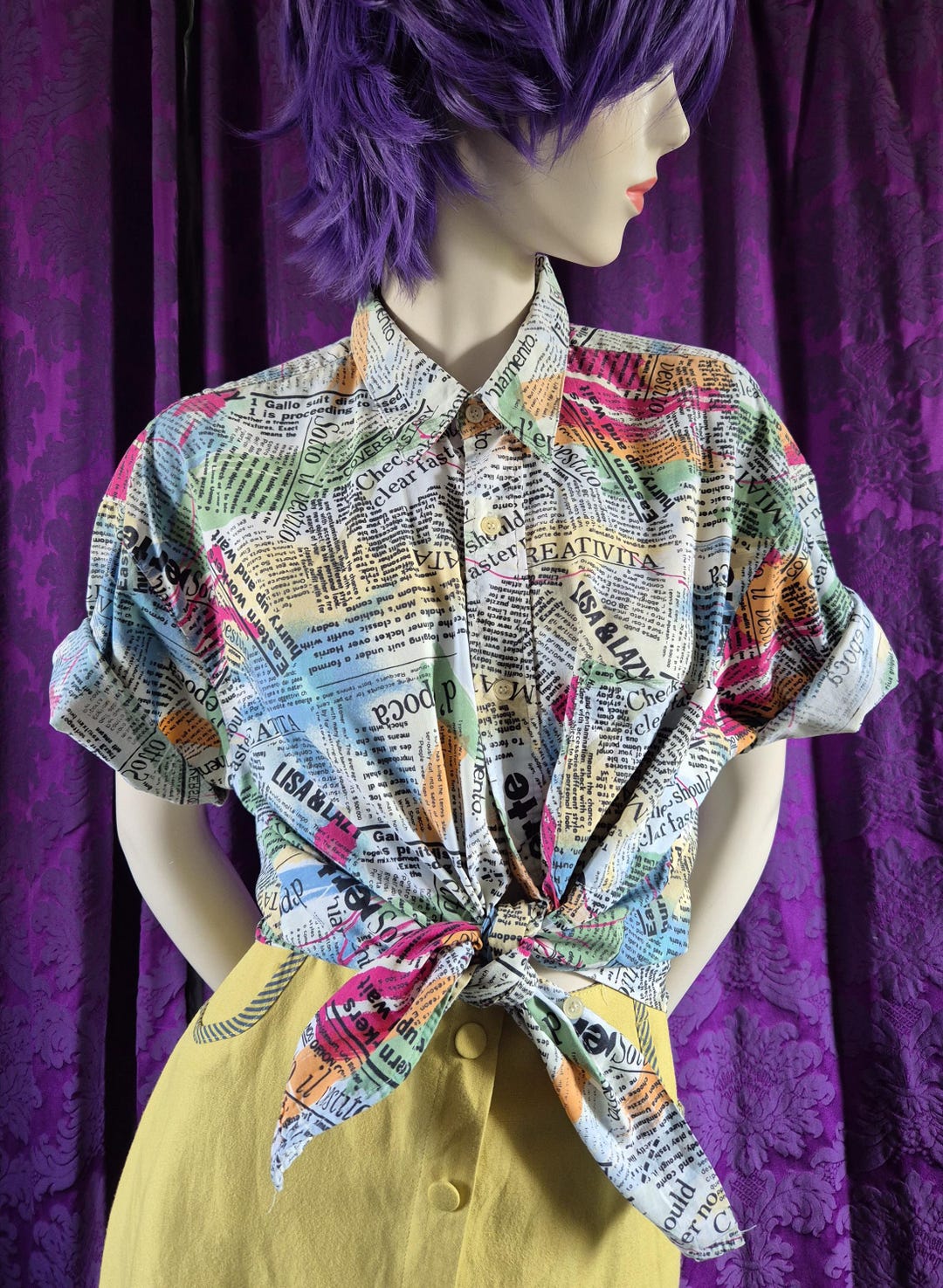 Vintage Cotton Newspaper Print Shirt by Corsaire - Etsy