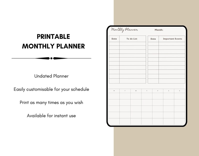 Monthly Undated Planner Printable Planner Monthly Organiser Instant ...