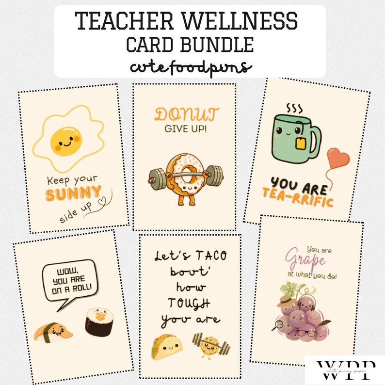 Greeting Card Bundle I Cute Food Puns I Teacher Wellness I Simple Blank ...