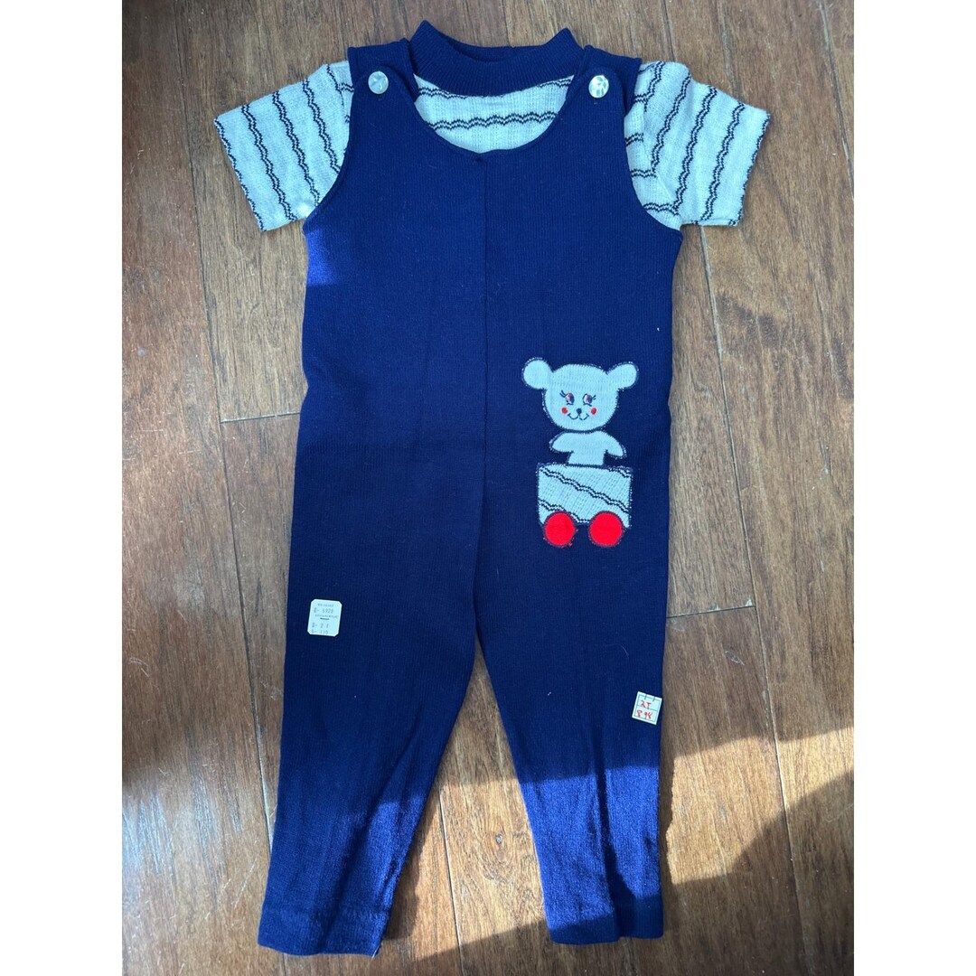 Vintage NOS 2T Navy Blue Overalls With Teddy Bear Applique and Striped ...