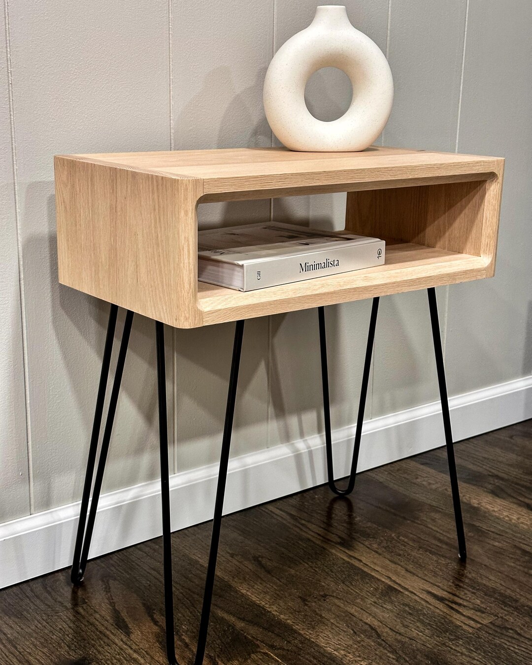 Modern Oak Side Table With Storage and Black Metal Hairpin Legs for ...