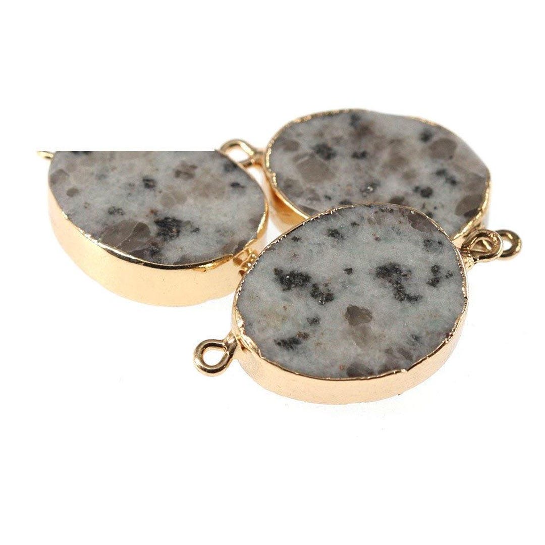 1PC Gold Plated, 3D Two-sided Egg Shape Genuine Dalmatian Jasper Gemstone Connector, Bezel ...