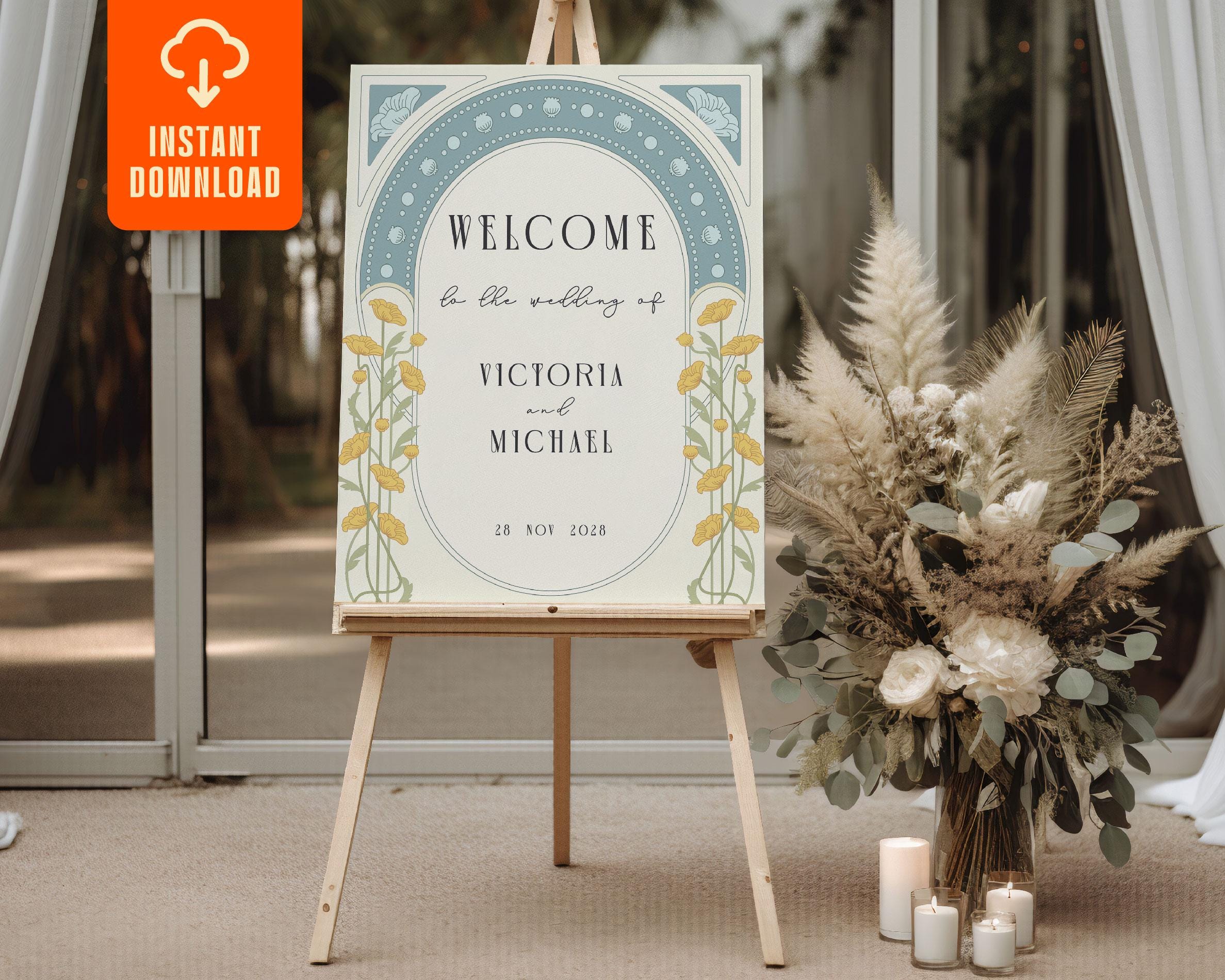 Art Nouveau Victorian Wedding Welcome Sign Template, Vintage Editable ...