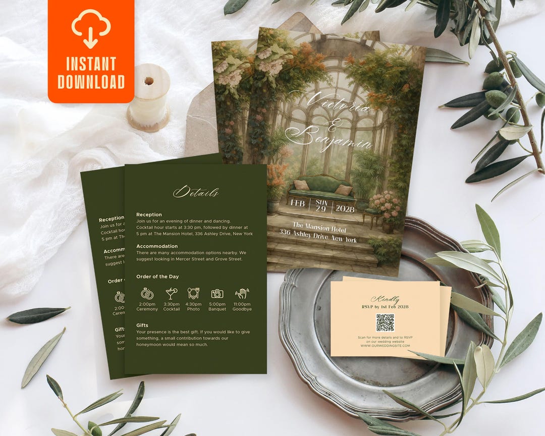 Wedding Invitation Suite: Greenhouse Theme Editable RSVP Template ...