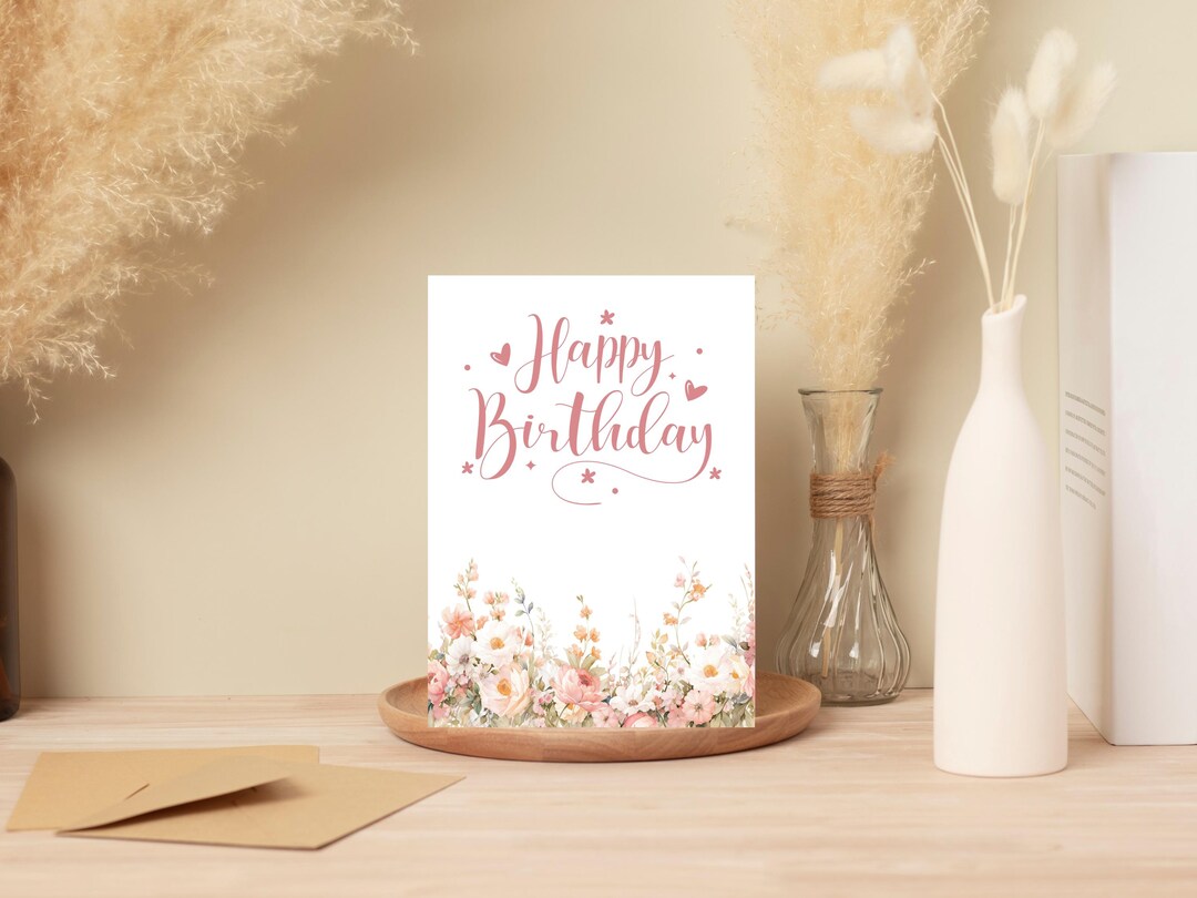 Printable Blush Pink Flower Birthday Card, Digital Card, Instant ...