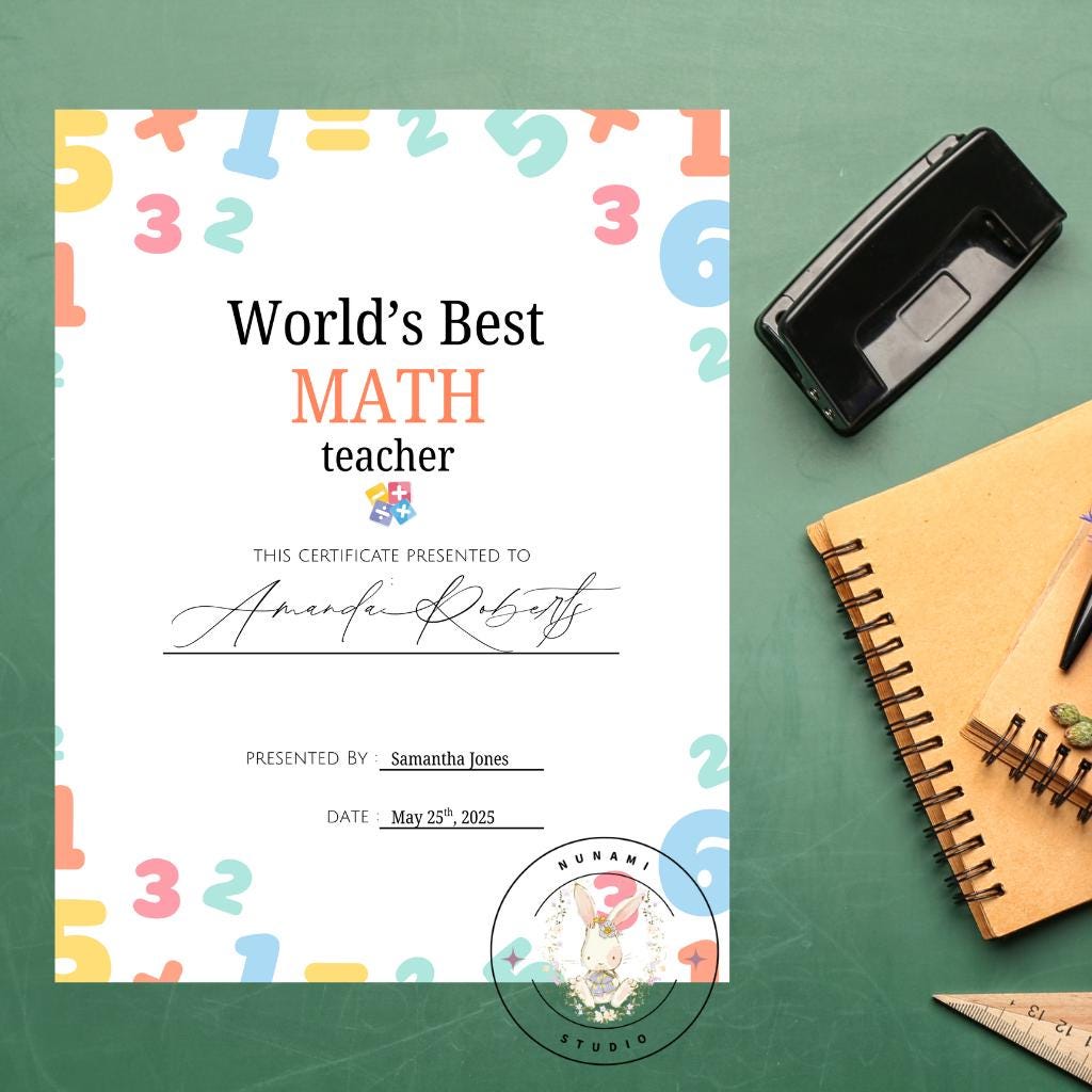 Editable Math Teacher Certificate Template: Printable Student Gift ...