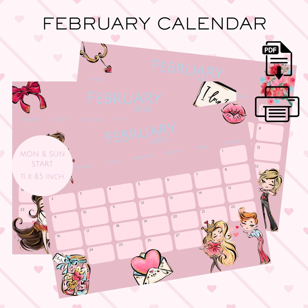 February Valentine Calendar Printable | Romantic Monthly Planner ...