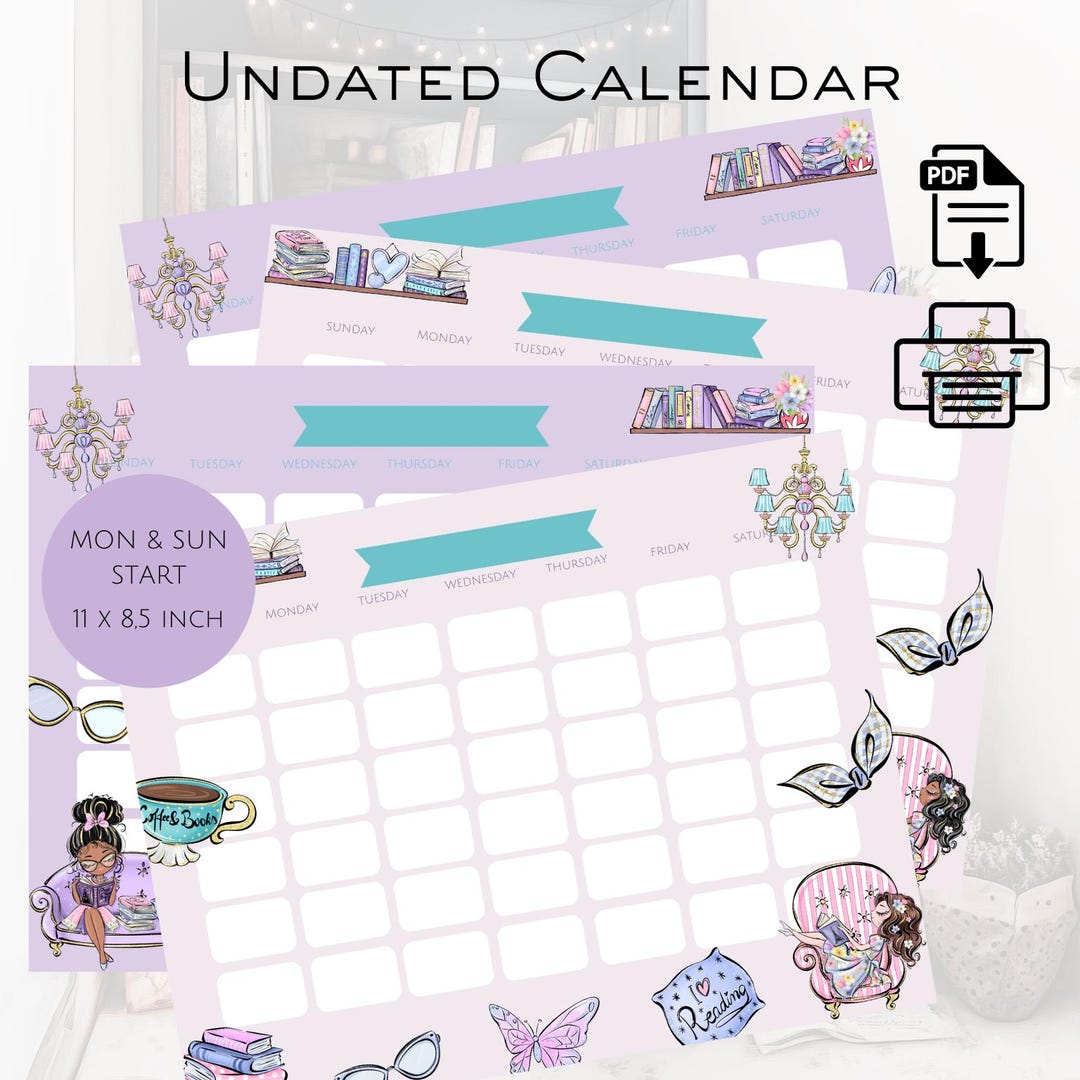 Undated Book Lover Calendar Printable | Bookish Monthly Planner ...