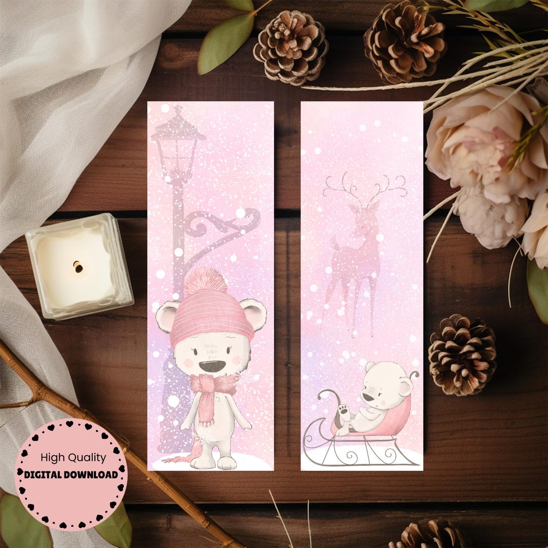 5 Set Printable Girl Bear Bookmarks, Digital Bookmark, Winter, Snow ...