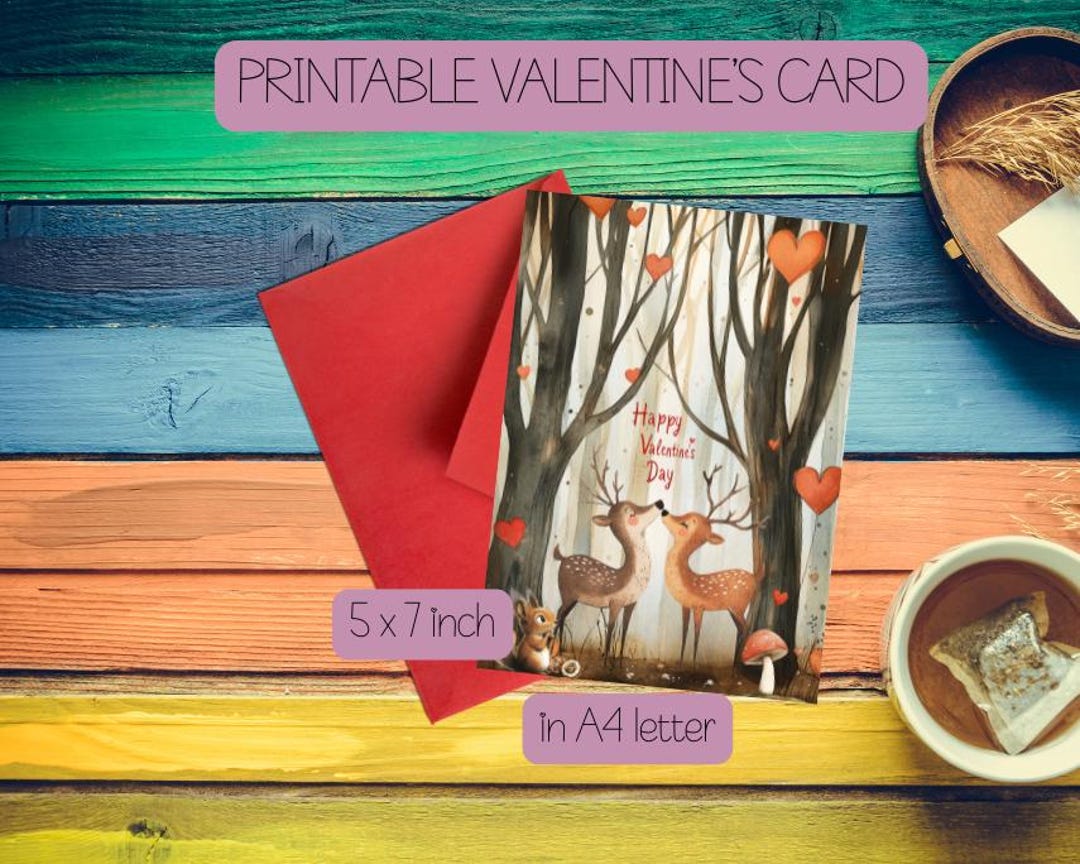 Deer Valentine's Card, Woodland Animals, Printable 5x7 (digital ...