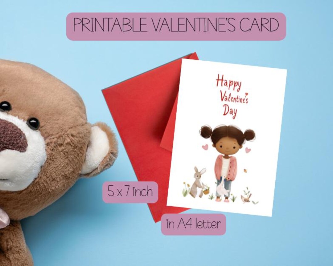 Girl Valentine's Day Card, Bunny Illustration (digital Download, 5x7 ...