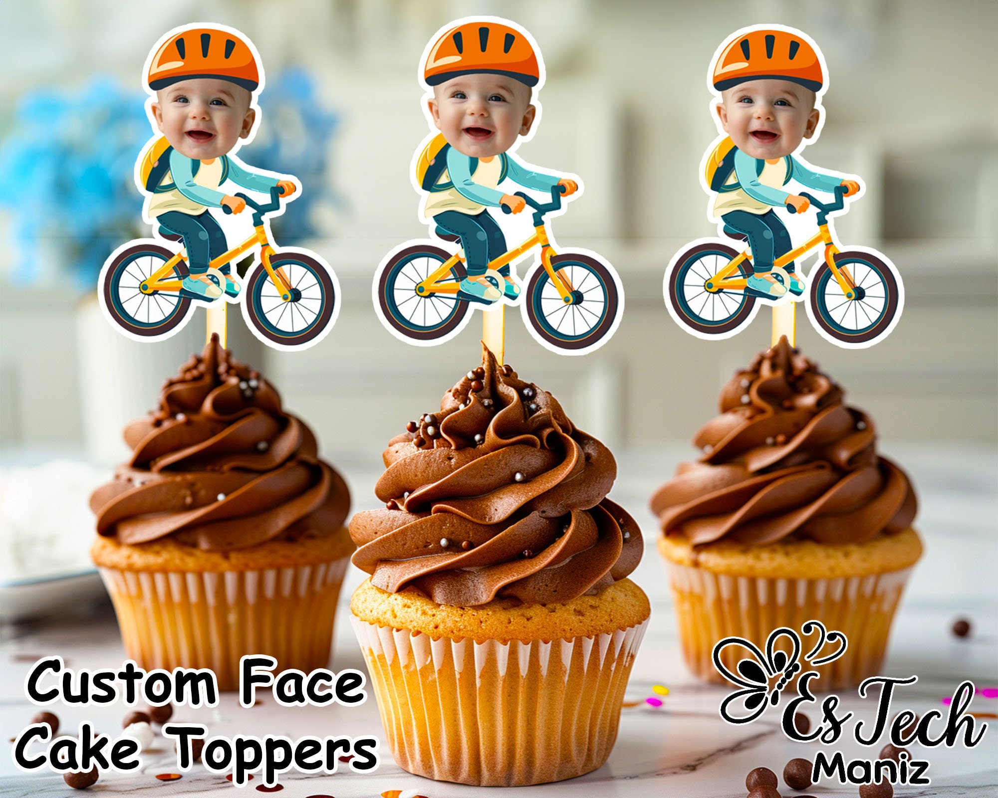 Bicycle Face Cupcake Toppers, Pesonalized Custom Face Cupcake Topper ...