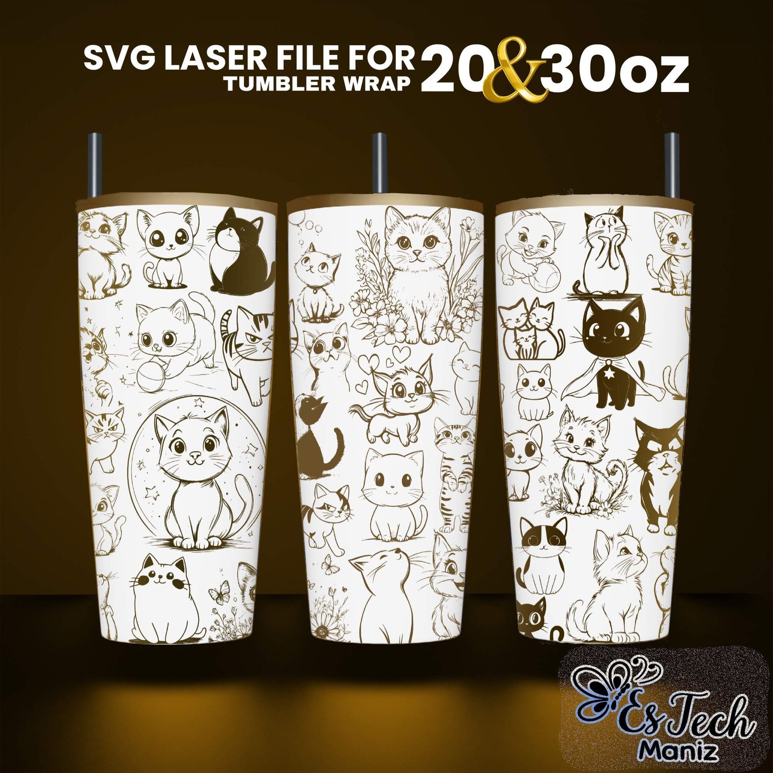 Cute Cats Laser Engraved Full Wrap Design for 20 and 30 Tumbler, Cat ...