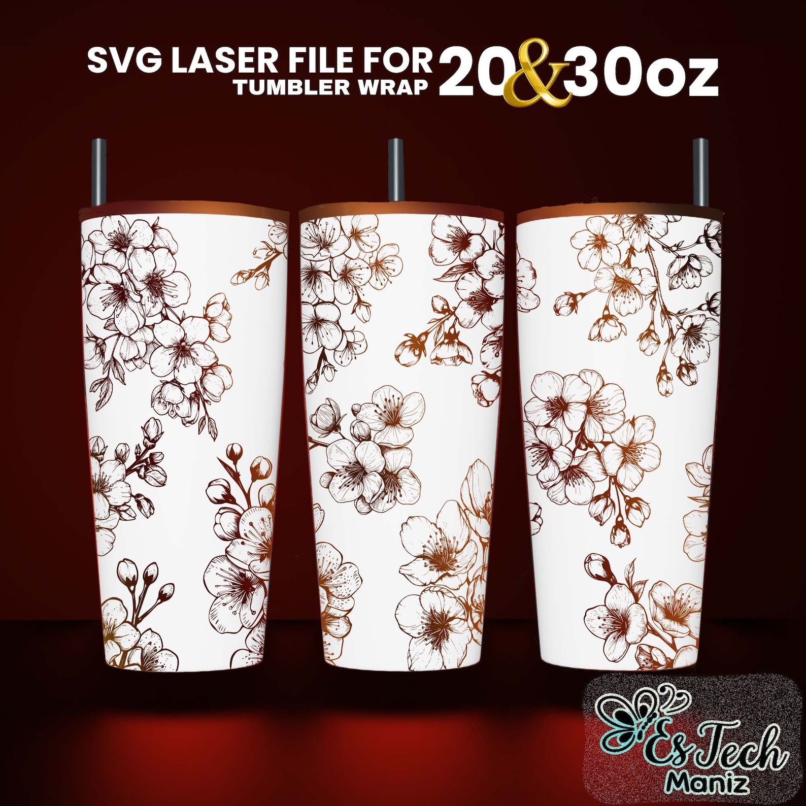 Cherry Blossom Laser Engraved Full Wrap Design for 20 and 30 Tumbler ...