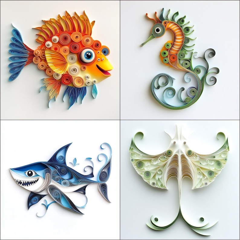 Ocean Animal Paper Quilling Clipart: 48 PNG Images (digital Download ...
