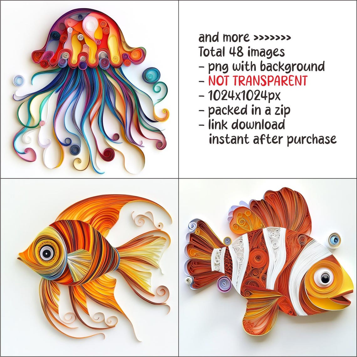 Ocean Animal Paper Quilling Clipart: 48 PNG Images (digital Download ...
