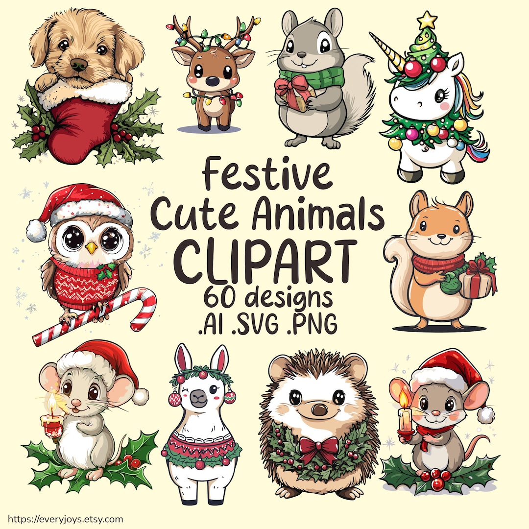 Festive Animals Clipart Art Cute Clipart Christmas .AI .SVG and .PNG ...