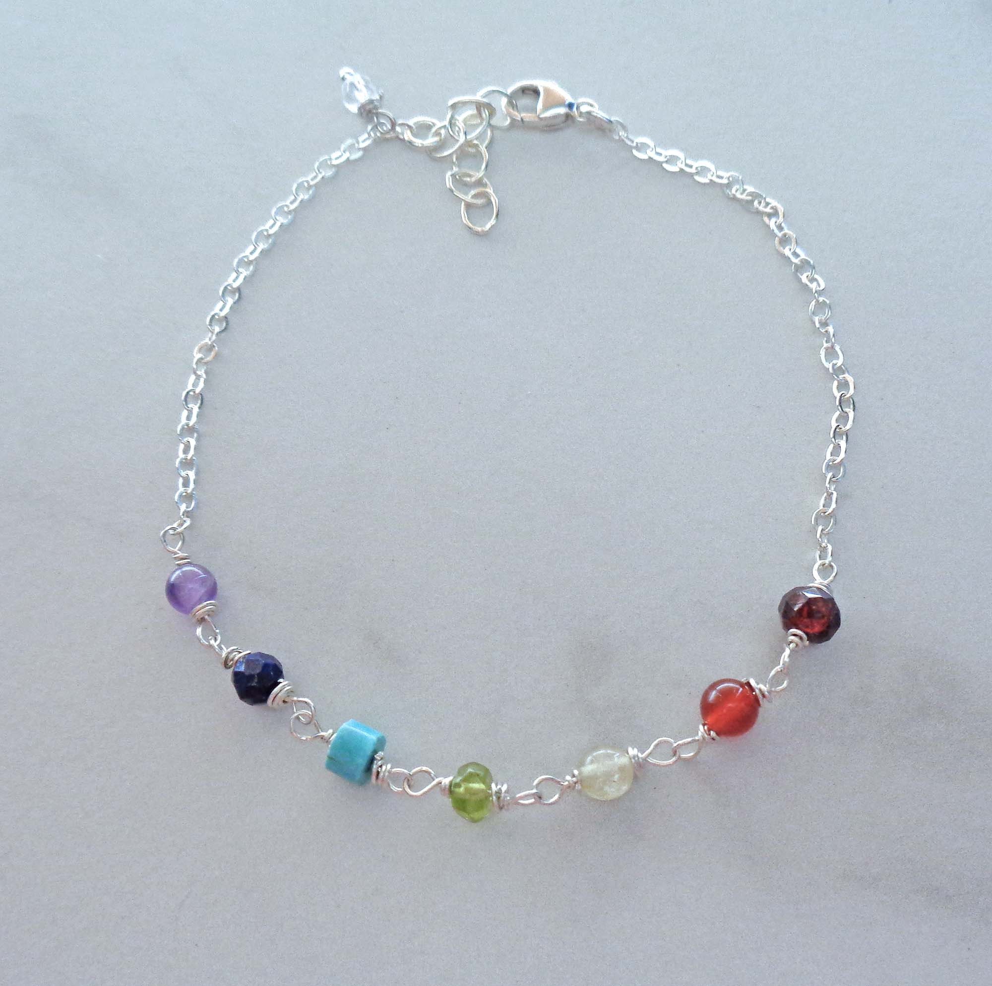 Wire wrapped Sterling Silver Chakra Bracelet Dainty Rainbow Bracelet 7 Chakra Gemstone Bracelet Genuine Crystals