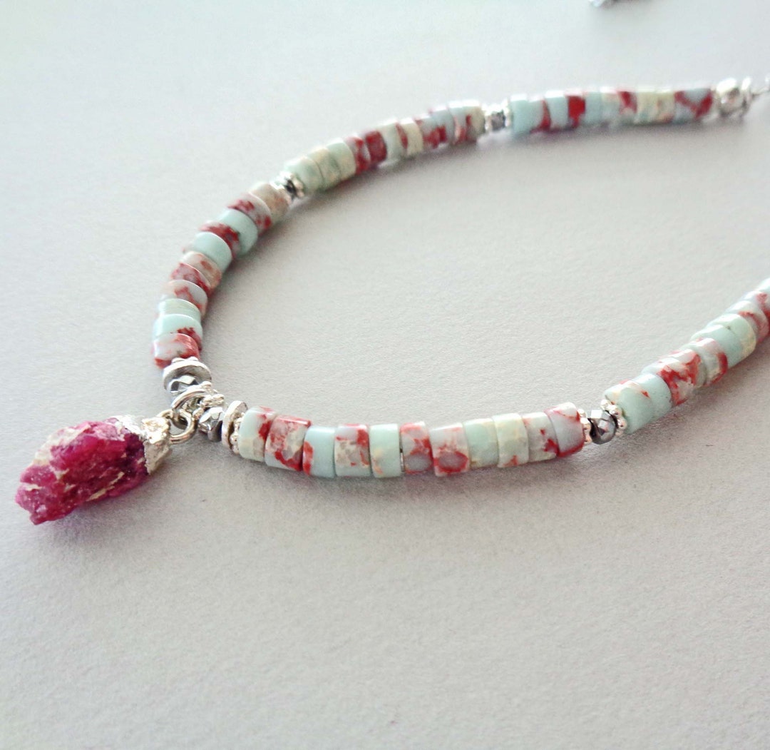 Jasper and Ruby Choker Necklace / Aqua Terra Jasper Heishi / Natural ...