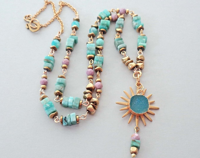 Peruvian Amazonite Sunburst Necklace With Phosphosiderite and Blue ...