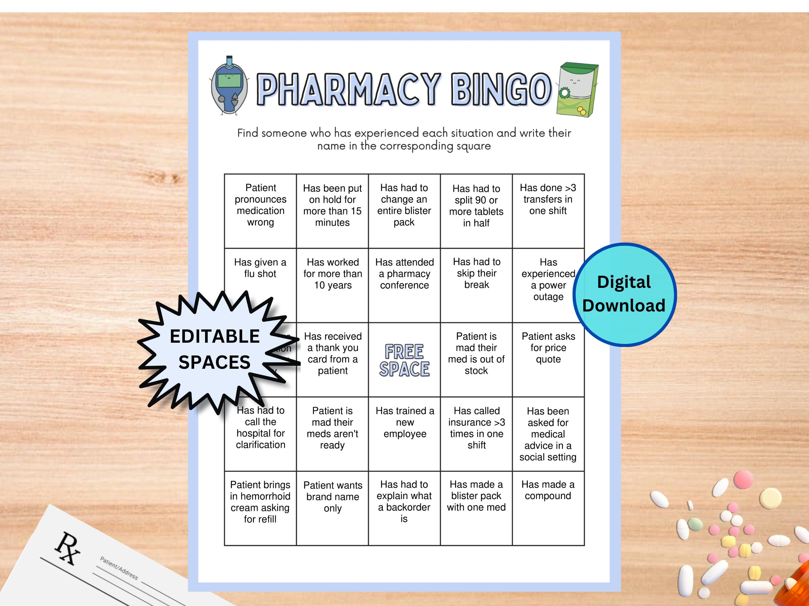 Editable Pharmacy Bingo for Pharmacists, Pharmacy Techs. Fun Work Game ...