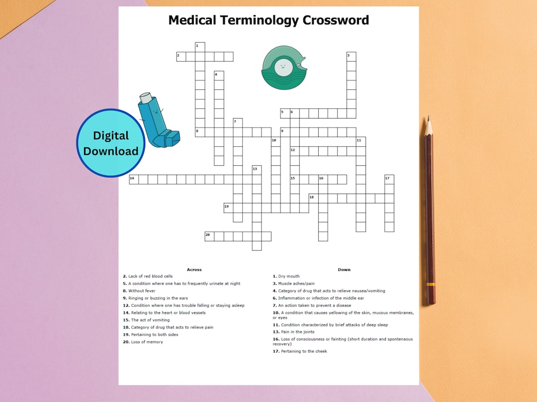 Medical Terminology Crossword Puzzle for Pharmacy, Nurse, Student ...