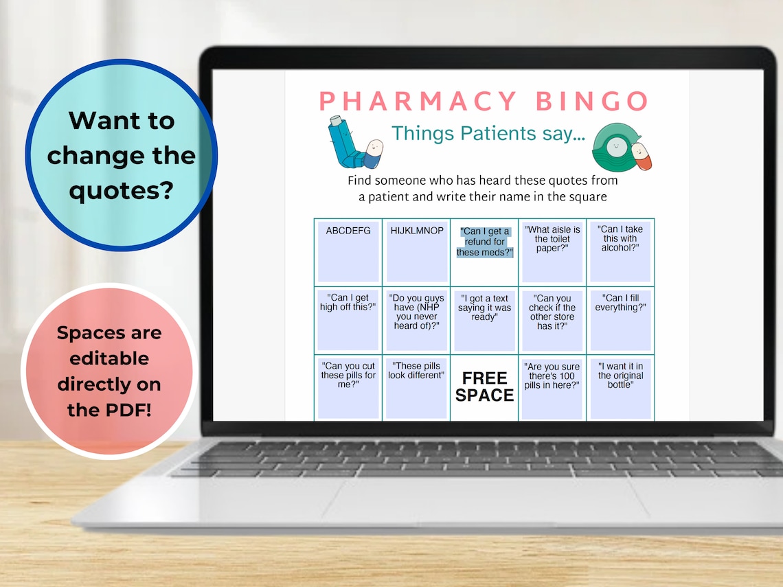 Editable Pharmacy Bingo for Pharmacists, Pharmacy Techs. Fun Work Game ...