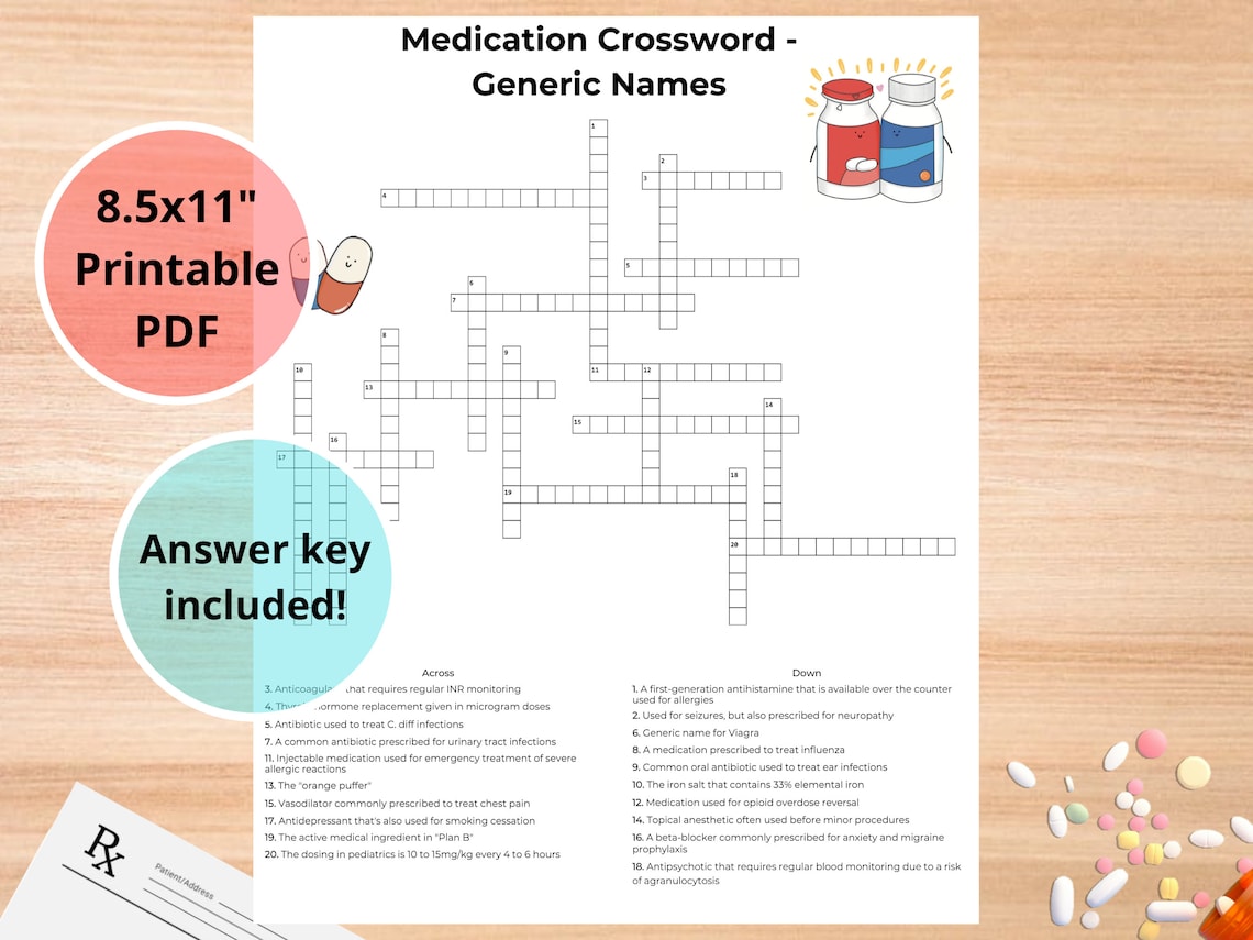 Generic Medications Crossword Puzzle for Pharmacists, Nurses, Students ...