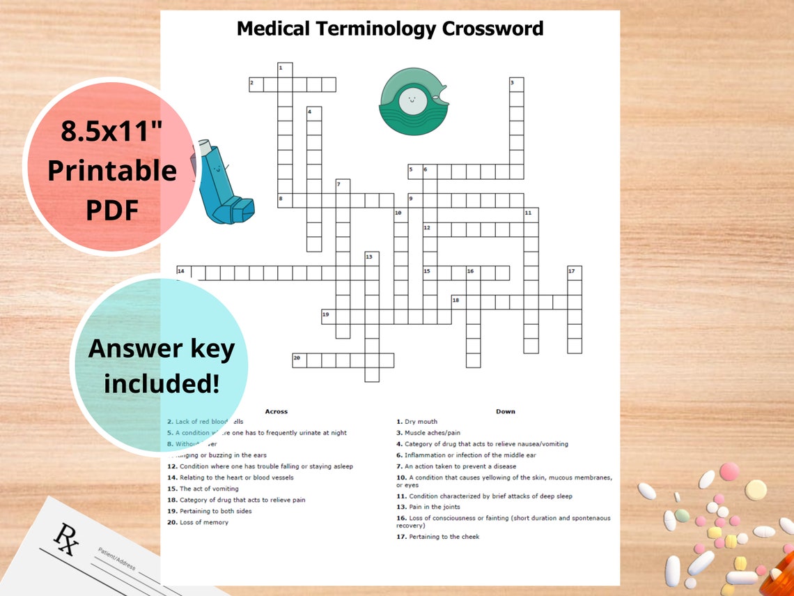 Medical Terminology Crossword Puzzle for Pharmacy, Nurse, Student ...
