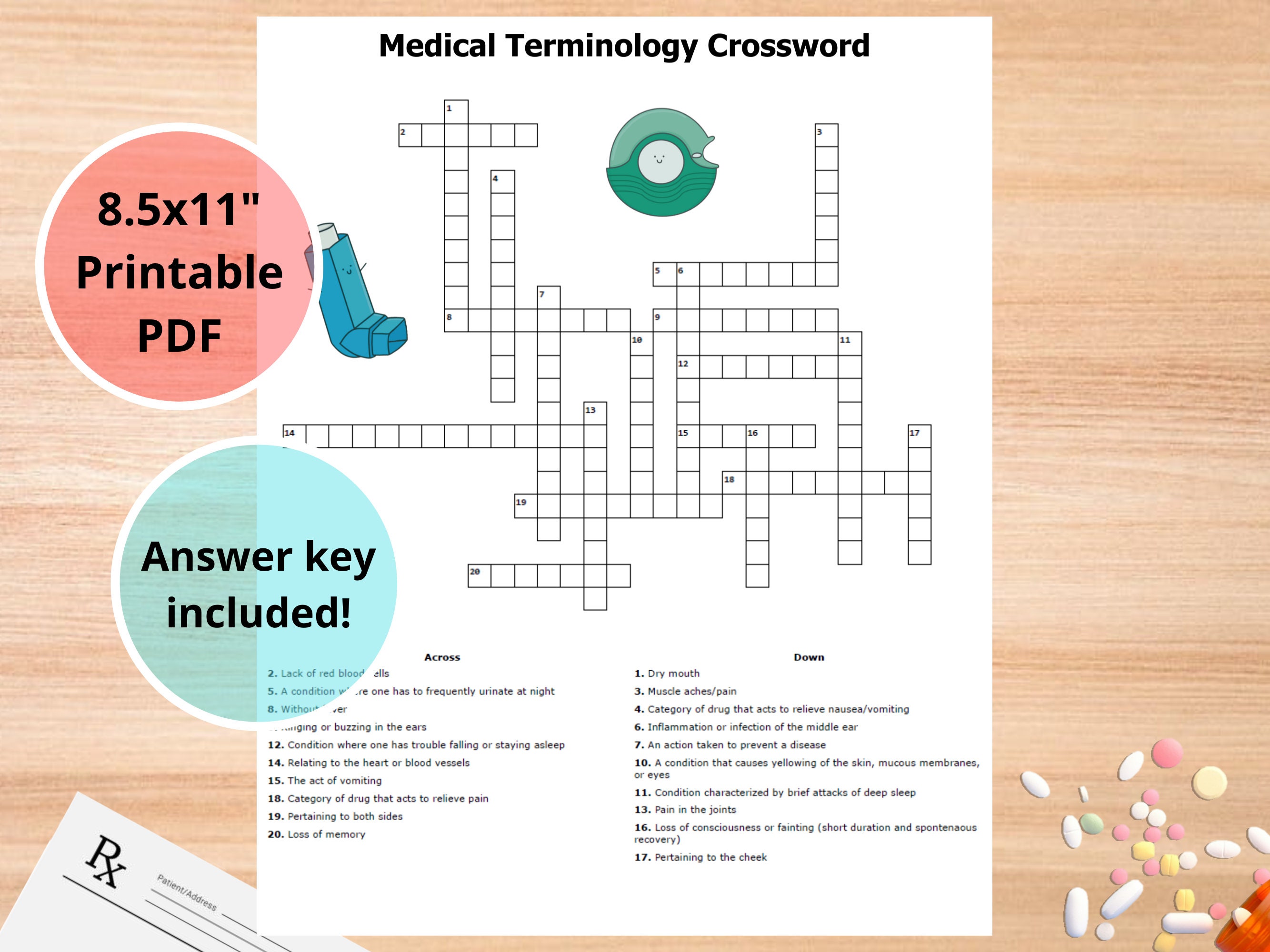 Medical Terminology Crossword Puzzle for Pharmacy, Nurse, Student ...