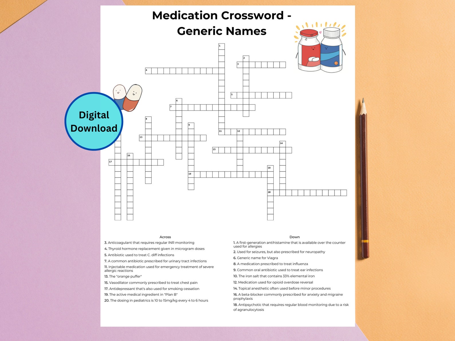 Generic Medications Crossword Puzzle for Pharmacists, Nurses, Students ...