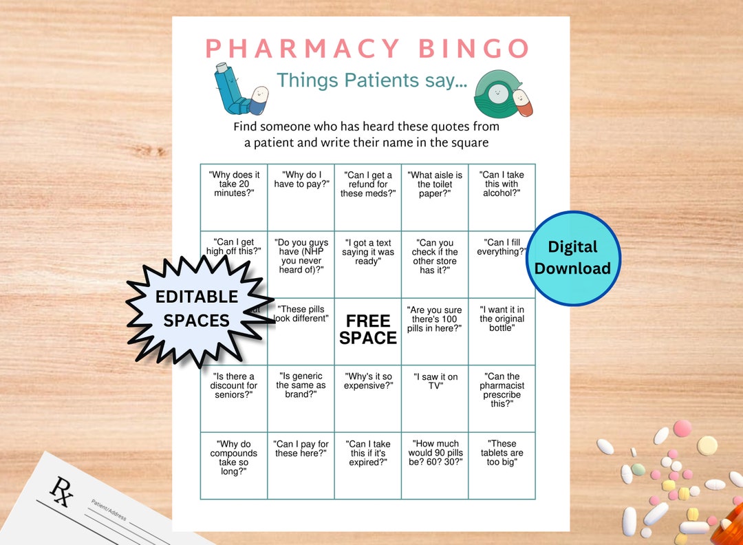 Editable Pharmacy Bingo for Pharmacists, Pharmacy Techs. Fun Work Game ...